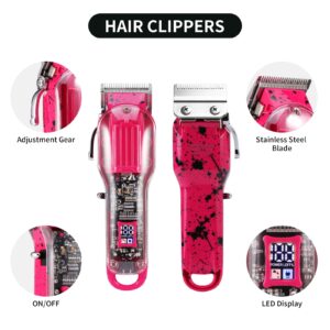 Clear Hair Clippers for Men & Foil Shaver, Transparent Back Cover Hair Cutting Kit Pro Hair Clippers for Men Professional Barber Clippers Cordless Beard Trimmer Hair Trimmer（rose Red）