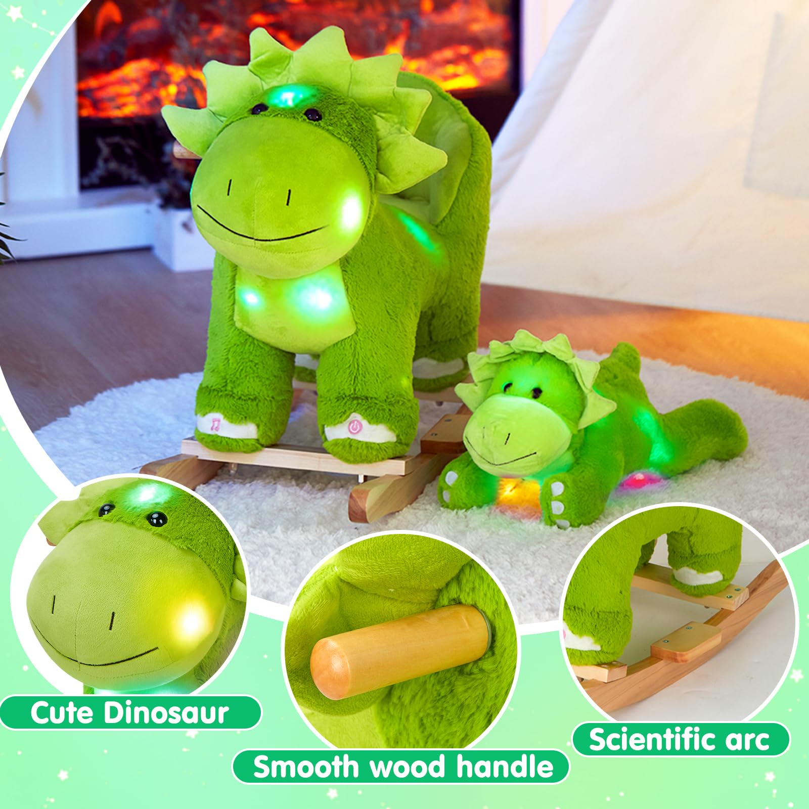 Glow Guards Light up Music Dinosaur Rocking Horse Stuffed Animal Set of 2 with Glowing Singing Dinosaur Plush Toy Wooden Chair Seat Ride on Toys Gift for Ages 1-3 Toddlers Kids Baby (Dinosaur)