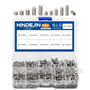 nindejin allen set screws with wrench kit, 304 stainless steel hex grub screws, metric m4/ m5 cone point set screws bolts assortment set for door handles bathroom fixtures (5 mm/6 mm/8 mm/10 mm/12 mm)