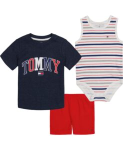 tommy hilfiger baby boys 3 pieces tee, creeper short and toddler layette set, medieval blue, 18m us