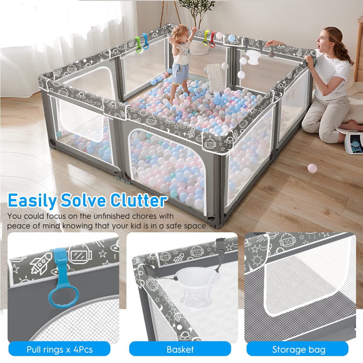 Baby Playpen, Large ,50x50 inch Sturdy Safety Play Yard Playpen for Babies and Toddlers with Soft Breathable Mesh, Anti-Slip Suckers, Indoor & Outdoor Baby Play Area Activity Center