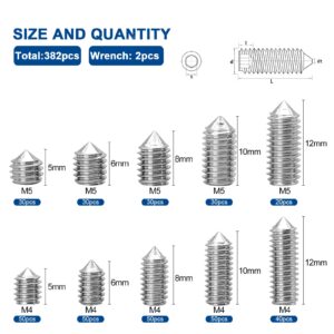 NINDEJIN Allen Set Screws with Wrench Kit, 304 Stainless Steel Hex Grub Screws, Metric M4/ M5 Cone Point Set Screws Bolts Assortment Set for Door Handles Bathroom Fixtures (5 mm/6 mm/8 mm/10 mm/12 mm)