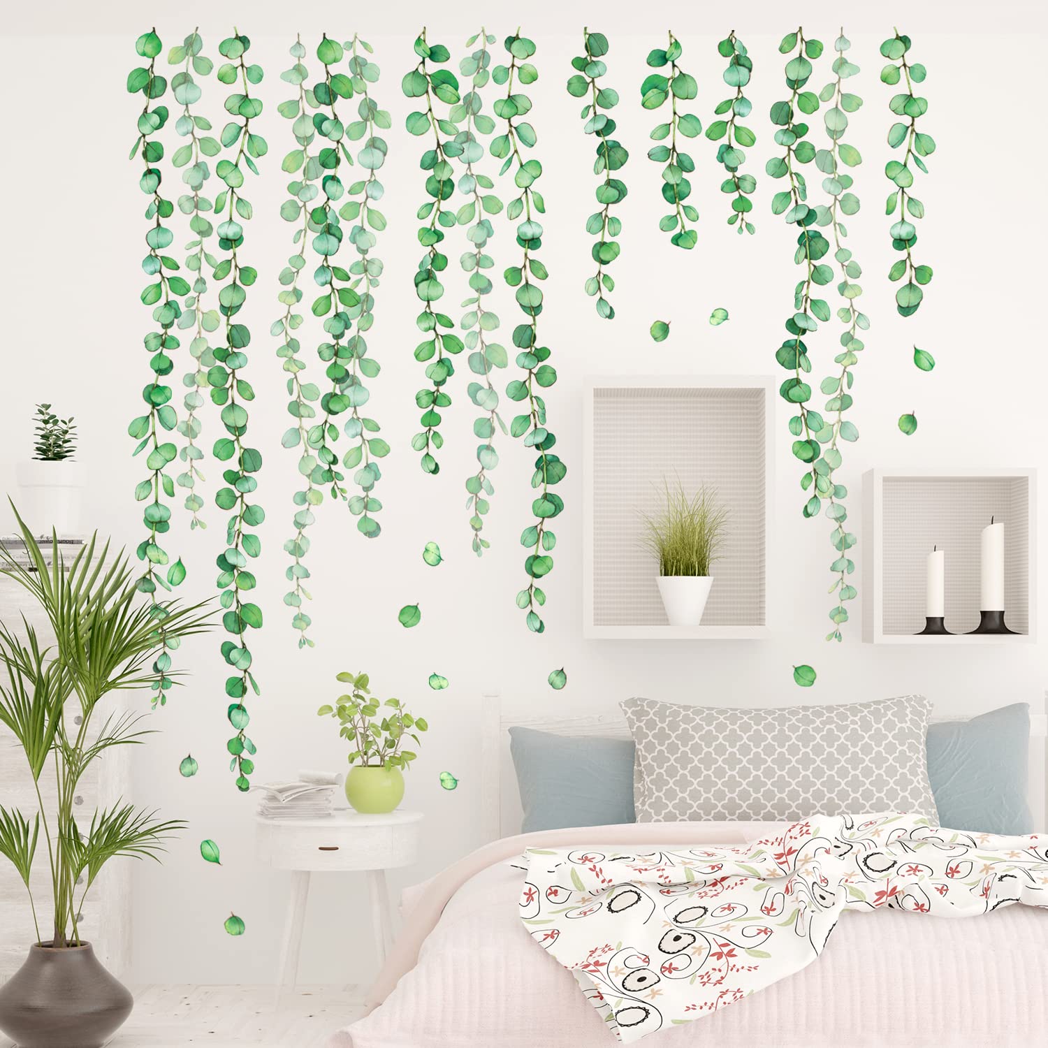 BASHOM BS-112 Eucalyptus Vines Wall Stickers Decals Green Kids Peel and Stick Removable for Nursery Bedroom Living Room Art murals Decorations Plants Home DIY Baby