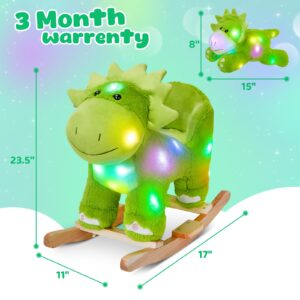 Glow Guards Light up Music Dinosaur Rocking Horse Stuffed Animal Set of 2 with Glowing Singing Dinosaur Plush Toy Wooden Chair Seat Ride on Toys Gift for Ages 1-3 Toddlers Kids Baby (Dinosaur)