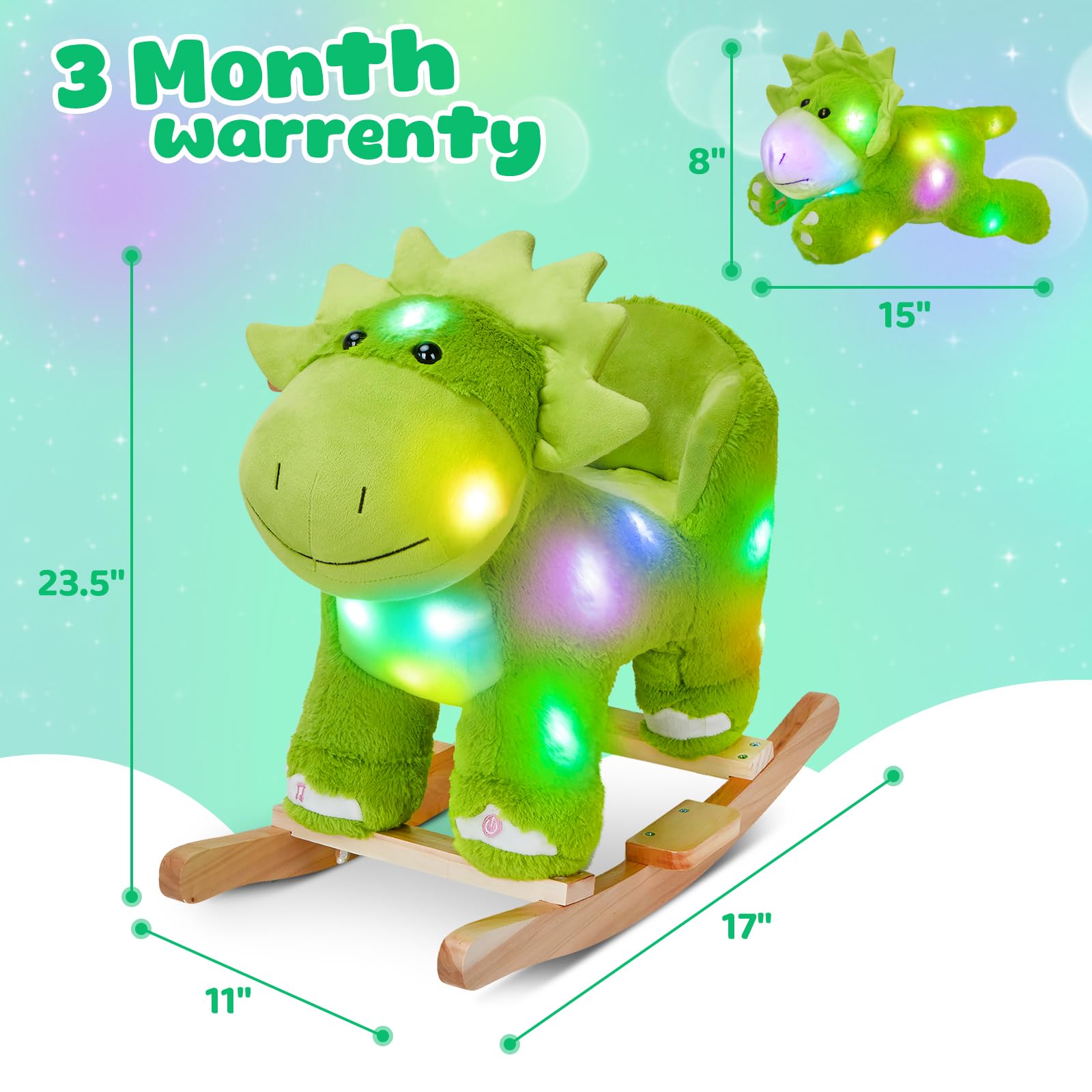 Glow Guards Light up Music Dinosaur Rocking Horse Stuffed Animal Set of 2 with Glowing Singing Dinosaur Plush Toy Wooden Chair Seat Ride on Toys Gift for Ages 1-3 Toddlers Kids Baby (Dinosaur)