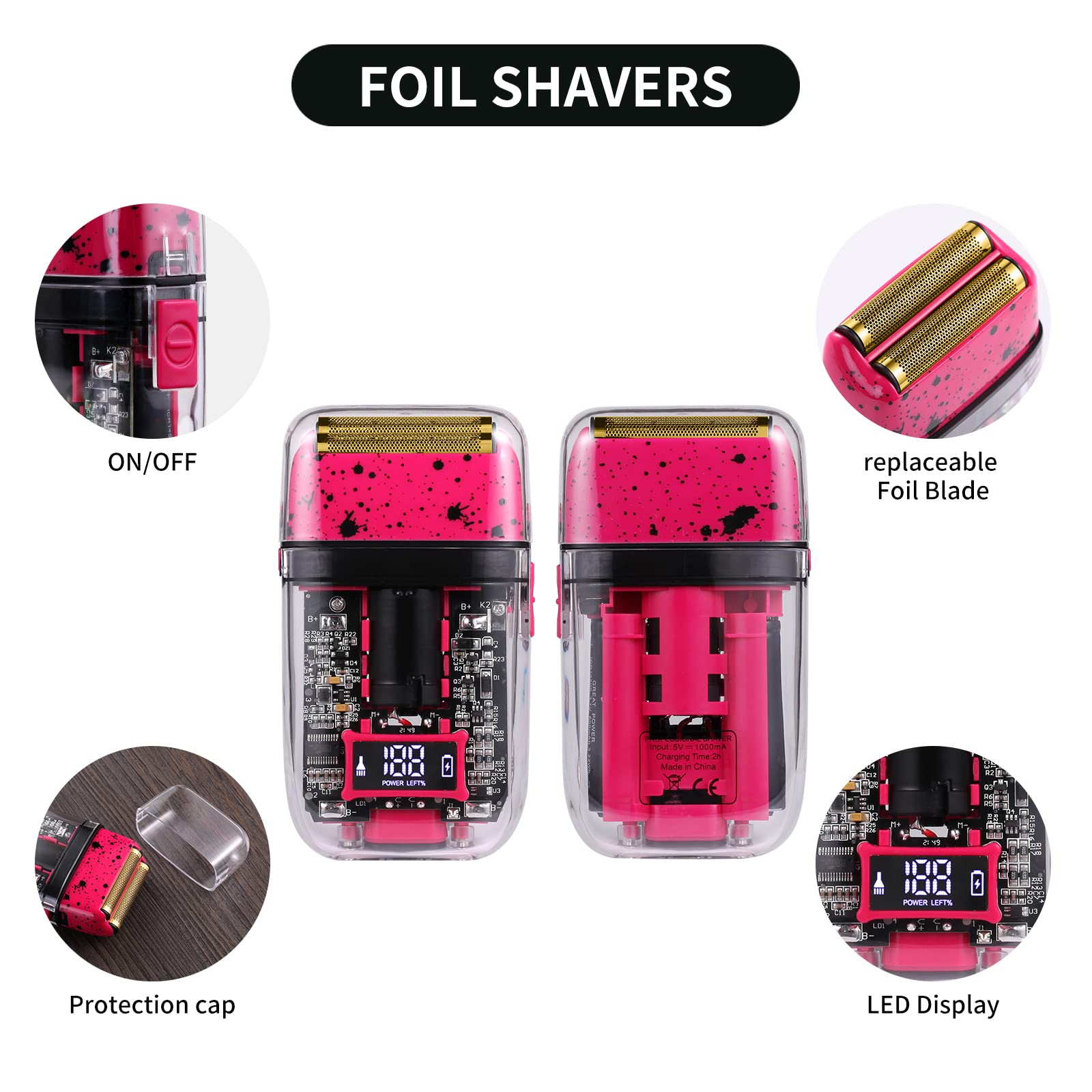 Clear Hair Clippers for Men & Foil Shaver, Transparent Back Cover Hair Cutting Kit Pro Hair Clippers for Men Professional Barber Clippers Cordless Beard Trimmer Hair Trimmer（rose Red）