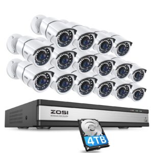 ZOSI 16Channel 4K PoE Home Security Cameras System,8MP 16CH H.265 CCTV NVR with Hard Drive 4TB and 16 x 5MP Surveillance PoE IP Cameras Indoor Outdoor,120ft Night Vision,Remote Access,24/7 Recording