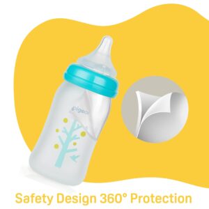 Pigeon Silicone Coating (Glass Inside/Silicone Outside) Nursing Bottle, Tree, Blue, Wide Neck, Natural Feel, Easy to Clean, Heat-Resistant, 5.4 Oz