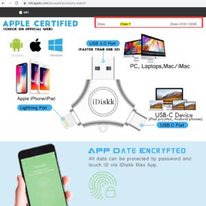 App-le Certified iDiskk 128GB Phone flashdrive iPhone 15 16 Photo Stick USB C iPad Pro Android Samsung for iPhone 15/14/14 PRO/13/13 PRO/12 pro/12 Mini/XR/X, iPhone USB Storage for PC,MacBook