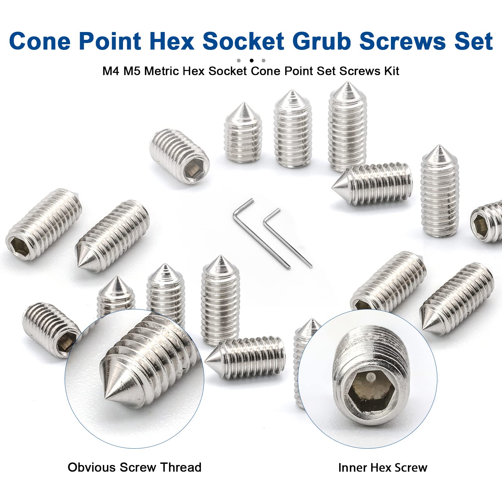 NINDEJIN Allen Set Screws with Wrench Kit, 304 Stainless Steel Hex Grub Screws, Metric M4/ M5 Cone Point Set Screws Bolts Assortment Set for Door Handles Bathroom Fixtures (5 mm/6 mm/8 mm/10 mm/12 mm)