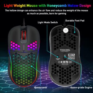 VEGCOO Honeycomb Wired Gaming Mouse, Ergonomic and Lightweight Computer Mouse with 6 Level DPI, Colorful Led Lights, 6 Programmable Buttons Gaming Wired Mice for Windows PC & Laptop Gamers (C32 Black)