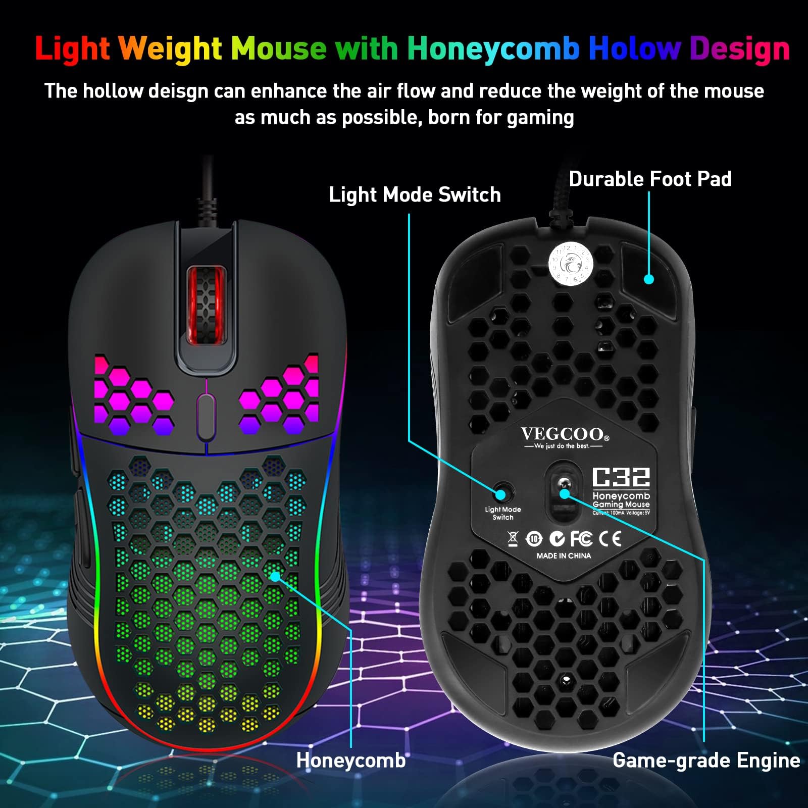 VEGCOO Honeycomb Wired Gaming Mouse, Ergonomic and Lightweight Computer Mouse with 6 Level DPI, Colorful Led Lights, 6 Programmable Buttons Gaming Wired Mice for Windows PC & Laptop Gamers (C32 Black)