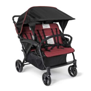 gaggle by foundations odyssey 4 seat quad stroller with stroller canopy and bench seats, 5 point harness, foot brake, shock absorbing all terrain tubeless wheels (red/black)