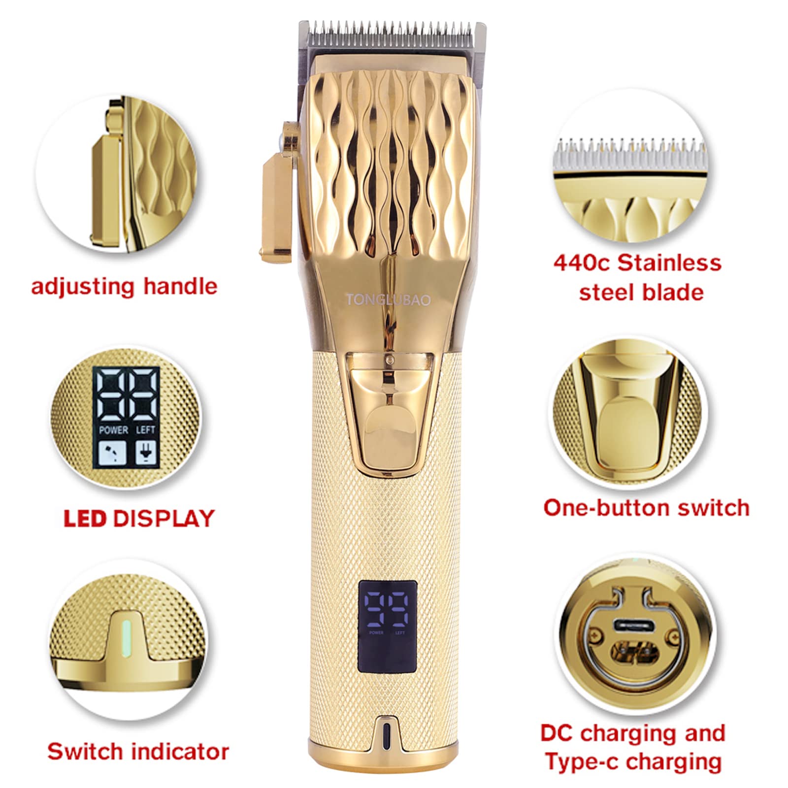 TOONLUPAL Hair Clippers for Men Professional Gold Metal Cordless Barber Clippers for Hair Cutting Machine Haircut Grooming Kit Rechargeable Hair Trimmer Maquinas para Cortar Cabello