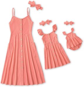 iffei mommy and me dresses matching set solid front button family matching sleeveless dresses with headband and pockets 3-6m cora