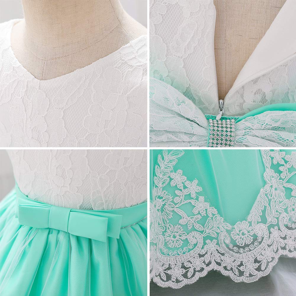 Lace Girls Flower Dress Baby Kids Christening Formal Vintage Floral Wedding Party Evening Toddler Pageant Bowknot Tutu First Communion Baptism Birthday Gown Dresses+Headwear Light Green 9-12 Months