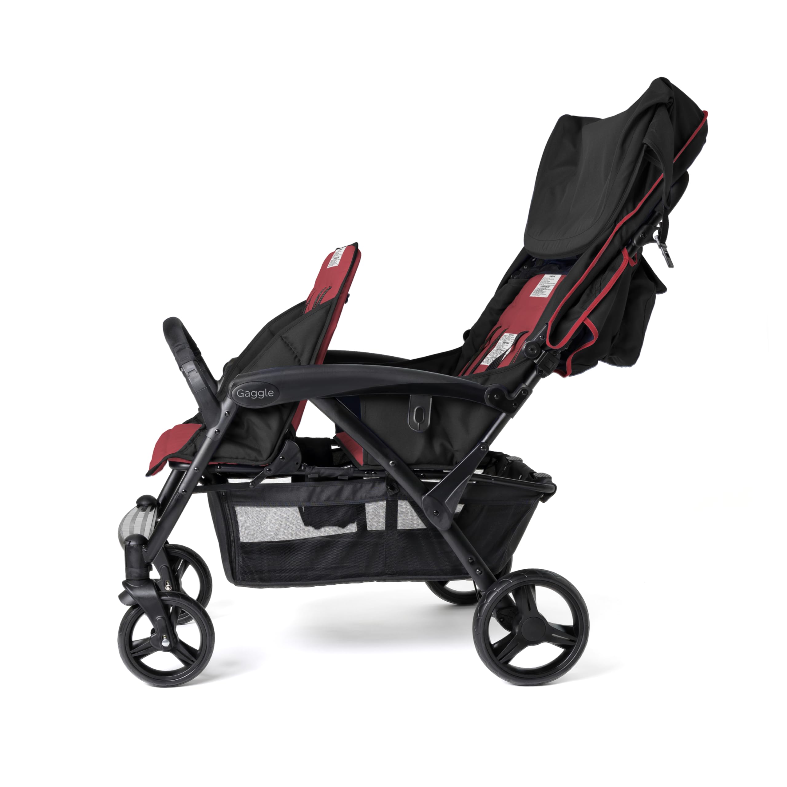 Gaggle by Foundations Odyssey 4 Seat Quad Stroller with Stroller Canopy and Bench Seats, 5 Point Harness, Foot Brake, Shock Absorbing All Terrain Tubeless Wheels (Red/Black)