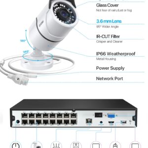 ZOSI 16Channel 4K PoE Home Security Cameras System,8MP 16CH H.265 CCTV NVR with Hard Drive 4TB and 16 x 5MP Surveillance PoE IP Cameras Indoor Outdoor,120ft Night Vision,Remote Access,24/7 Recording