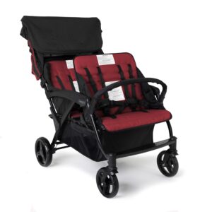 Gaggle by Foundations Odyssey 4 Seat Quad Stroller with Stroller Canopy and Bench Seats, 5 Point Harness, Foot Brake, Shock Absorbing All Terrain Tubeless Wheels (Red/Black)