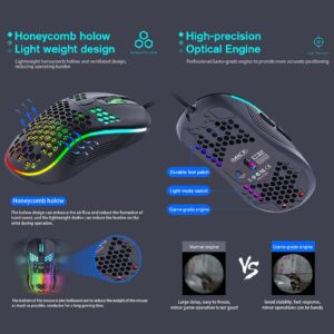 VEGCOO Honeycomb Wired Gaming Mouse, Ergonomic and Lightweight Computer Mouse with 6 Level DPI, Colorful Led Lights, 6 Programmable Buttons Gaming Wired Mice for Windows PC & Laptop Gamers (C32 Black)