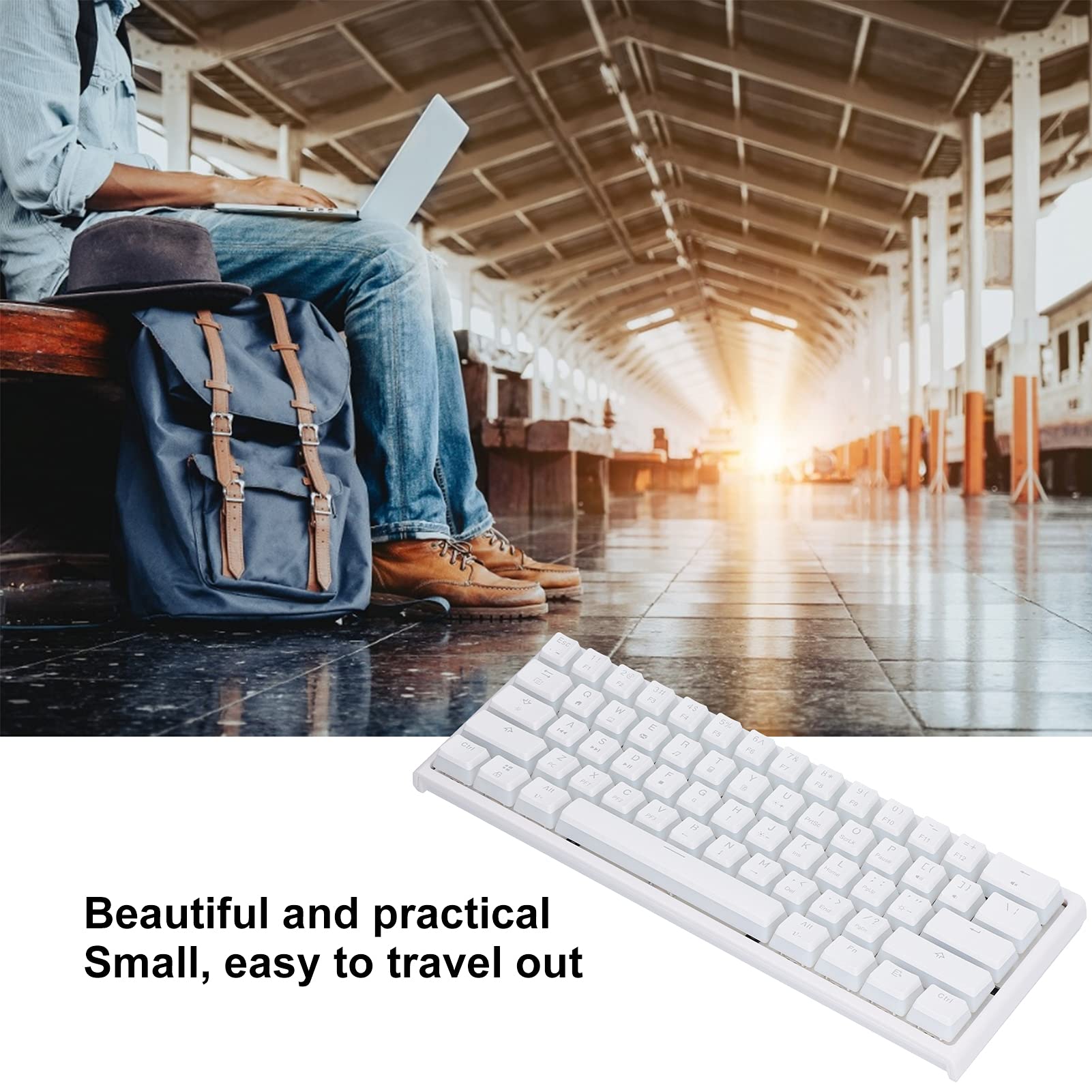 Mini Mechanical Gaming Keyboard, Backlight Ergonomic Game Keyboard with Long Type C USB Cable, Easy to Carry, for PC/ Gamer, Typist, Travel(white2)