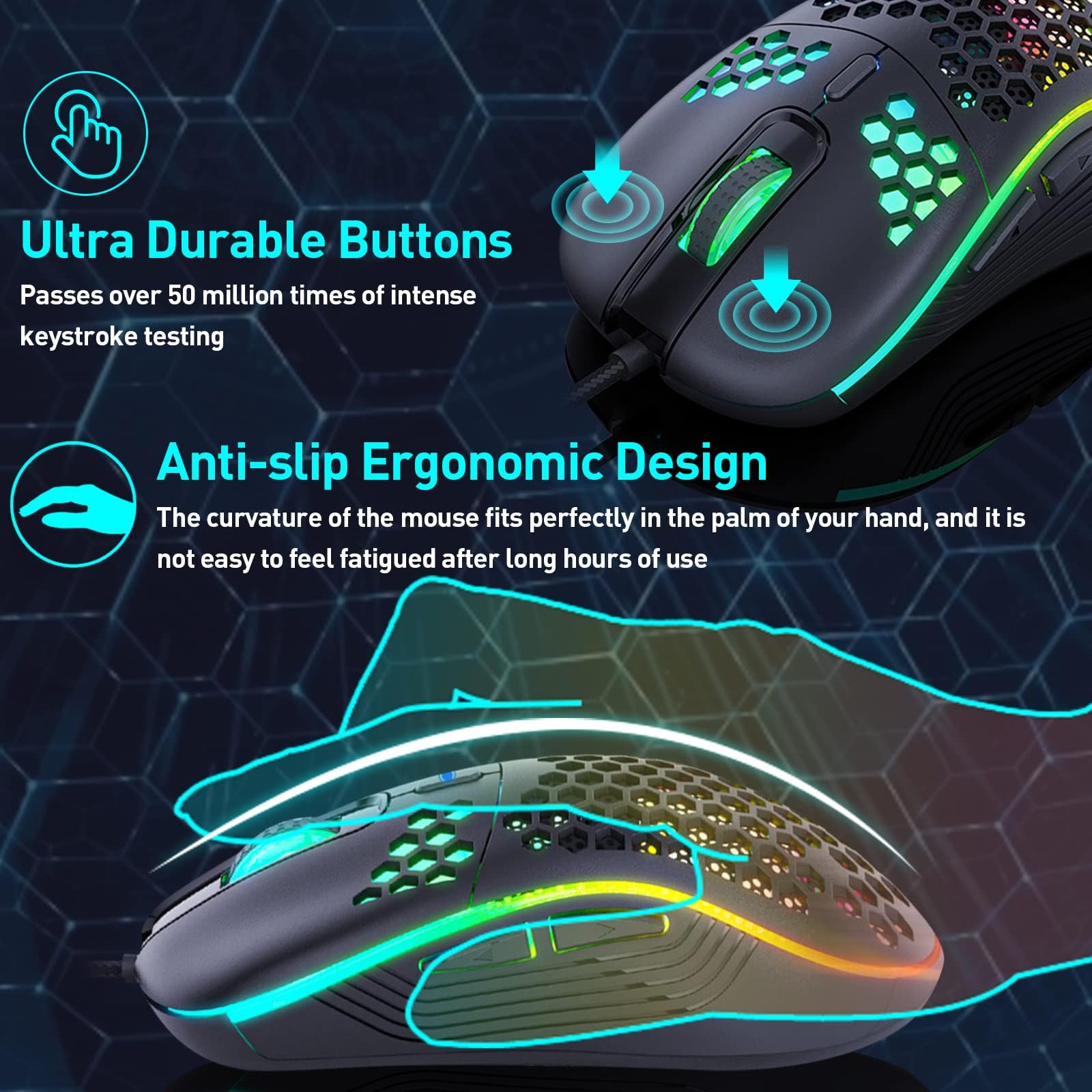 VEGCOO Honeycomb Wired Gaming Mouse, Ergonomic and Lightweight Computer Mouse with 6 Level DPI, Colorful Led Lights, 6 Programmable Buttons Gaming Wired Mice for Windows PC & Laptop Gamers (C32 Black)