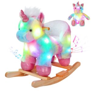 glow guards rainbow unicorn rocking horse with chair muical light up unicorn stuffed animal for ages 1-3 toddlers kids babies ride toy birthday christmas