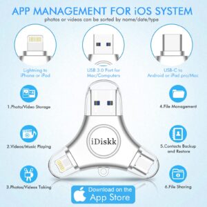 App-le Certified iDiskk 128GB Phone flashdrive iPhone 15 16 Photo Stick USB C iPad Pro Android Samsung for iPhone 15/14/14 PRO/13/13 PRO/12 pro/12 Mini/XR/X, iPhone USB Storage for PC,MacBook