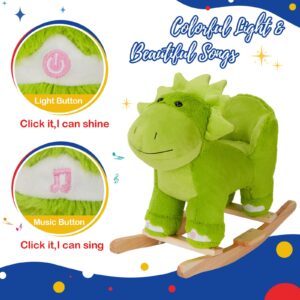 Glow Guards Light up Music Dinosaur Rocking Horse Stuffed Animal Set of 2 with Glowing Singing Dinosaur Plush Toy Wooden Chair Seat Ride on Toys Gift for Ages 1-3 Toddlers Kids Baby (Dinosaur)