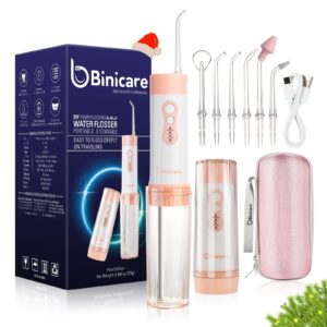 water flosser, binicare water flosser for teeth, ipx7 waterproof 200 ml 6 jet tips &travel case, diy portable dental oral irrigator rechargeable suitable for travel office and home(pink)