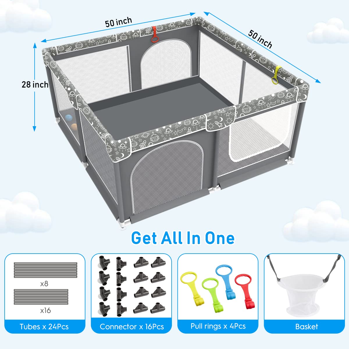 Baby Playpen, Large ,50x50 inch Sturdy Safety Play Yard Playpen for Babies and Toddlers with Soft Breathable Mesh, Anti-Slip Suckers, Indoor & Outdoor Baby Play Area Activity Center