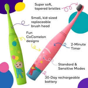 CoComelon x BURSTkids Kids Electric Toothbrush, Soft Bristle Kid & Toddler Toothbrush, 2-Minute Timer, Rechargeable Battery, Easy-Grip Silicone Handle, 2 Brush Modes, Ages 2+, Green with JJ