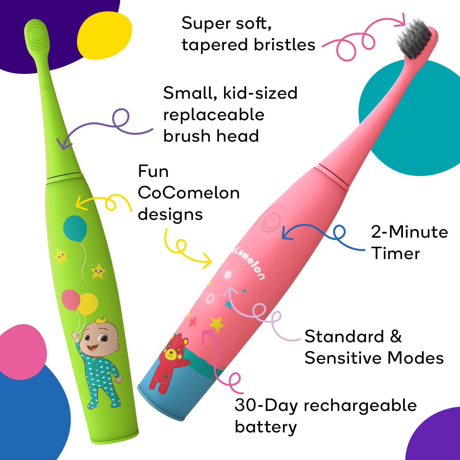 CoComelon x BURSTkids Kids Electric Toothbrush, Soft Bristle Kid & Toddler Toothbrush, 2-Minute Timer, Rechargeable Battery, Easy-Grip Silicone Handle, 2 Brush Modes, Ages 2+, Green with JJ