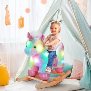 Glow Guards Rainbow Unicorn Rocking Horse with Chair Muical Light up Unicorn Stuffed Animal for Ages 1-3 Toddlers Kids Babies Ride Toy Birthday Christmas