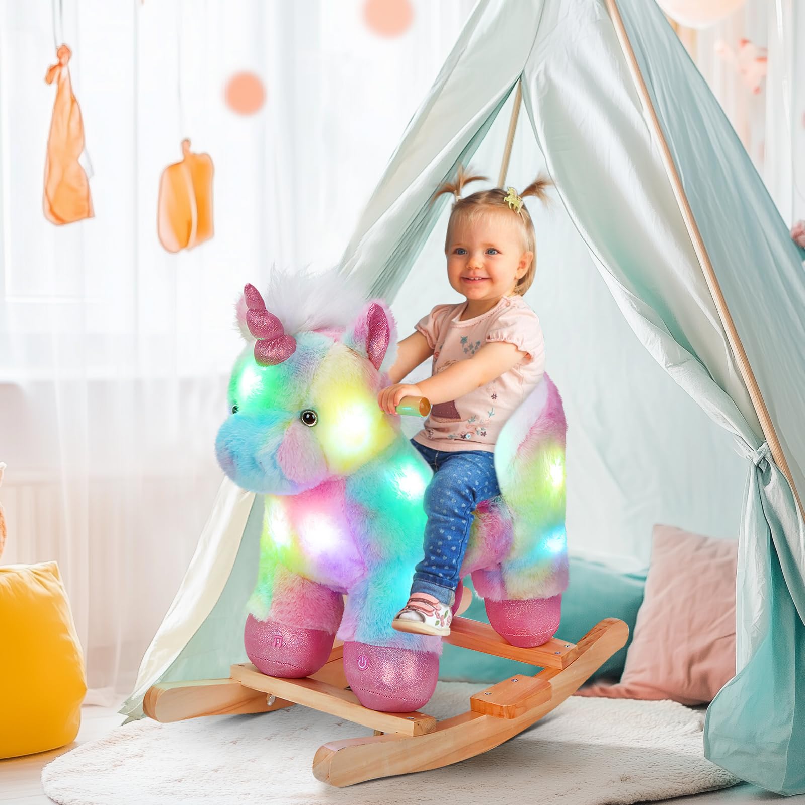 Glow Guards Rainbow Unicorn Rocking Horse with Chair Muical Light up Unicorn Stuffed Animal for Ages 1-3 Toddlers Kids Babies Ride Toy Birthday Christmas