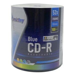 100 pack smartbuy super blue cd-r 52x 700mb/80min cyanine dye white inkjet hub printable blank recordable disc