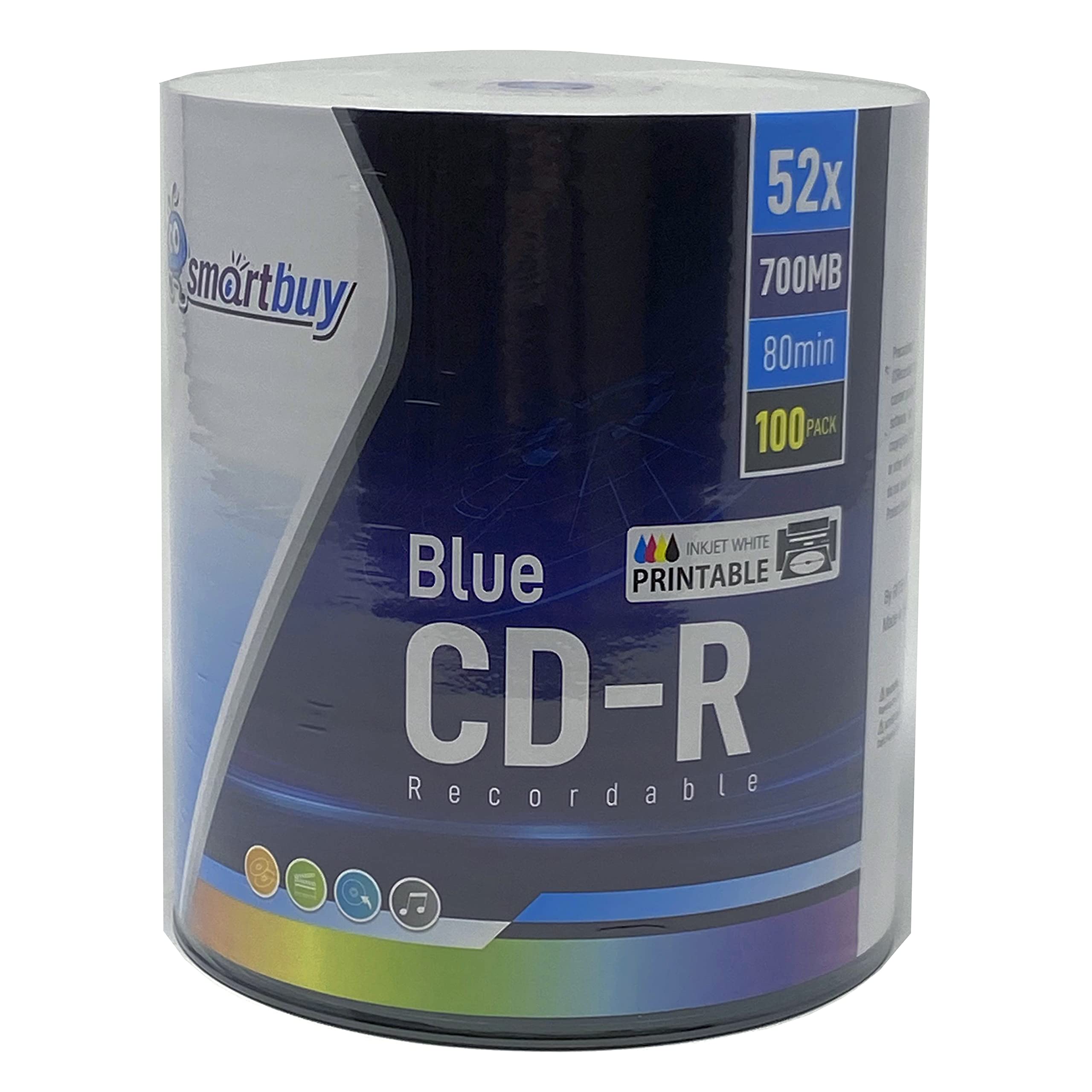 100 Pack Smartbuy Super Blue CD-R 52X 700MB/80Min Cyanine Dye White Inkjet Hub Printable Blank Recordable Disc