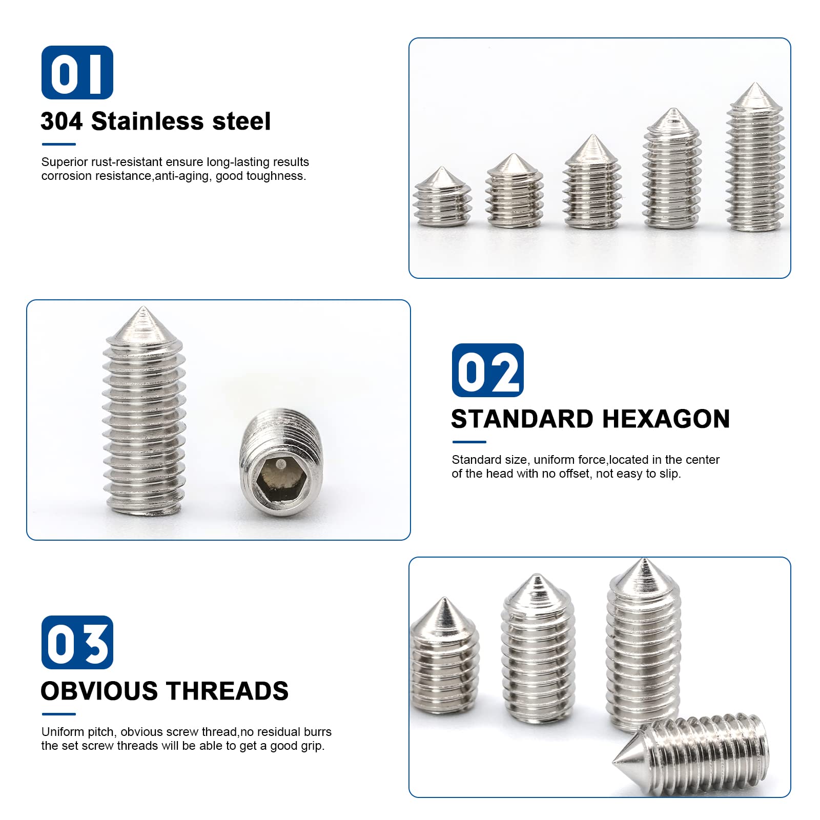 NINDEJIN Allen Set Screws with Wrench Kit, 304 Stainless Steel Hex Grub Screws, Metric M4/ M5 Cone Point Set Screws Bolts Assortment Set for Door Handles Bathroom Fixtures (5 mm/6 mm/8 mm/10 mm/12 mm)