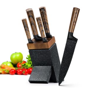 knife set, 6pcs kitchen knife set with block, professional chef knife sets with carving paring bread knife high carbon stainless steel knife set with japanese designed wood grain pattern handle