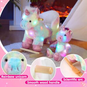 Glow Guards Rainbow Unicorn Rocking Horse with Chair Muical Light up Unicorn Stuffed Animal for Ages 1-3 Toddlers Kids Babies Ride Toy Birthday Christmas