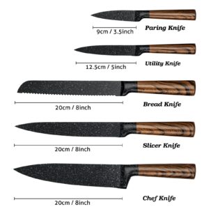 Knife Set, 6Pcs Kitchen Knife Set with Block, Professional Chef Knife Sets with Carving Paring Bread Knife High Carbon Stainless Steel Knife Set with Japanese Designed Wood Grain Pattern Handle