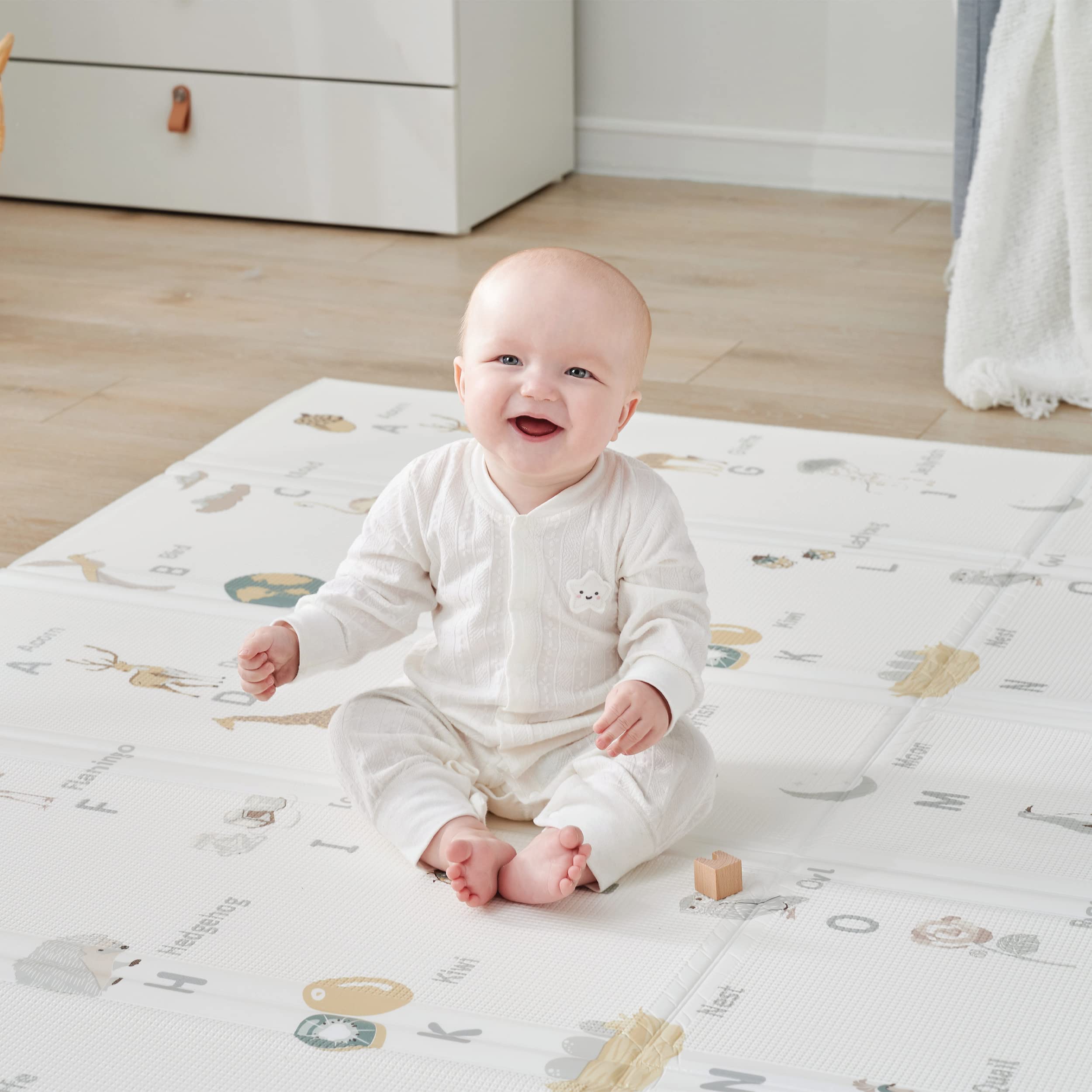 Cuddle & Learn Playmat by Fortella, Foldable Foam Baby Play Mat for Floor, Extra Large & Padded for Tummy Time and Outdoors, Portable with Travel Case (Alphabet & Moroccan 71.5x70x0.6 inch)