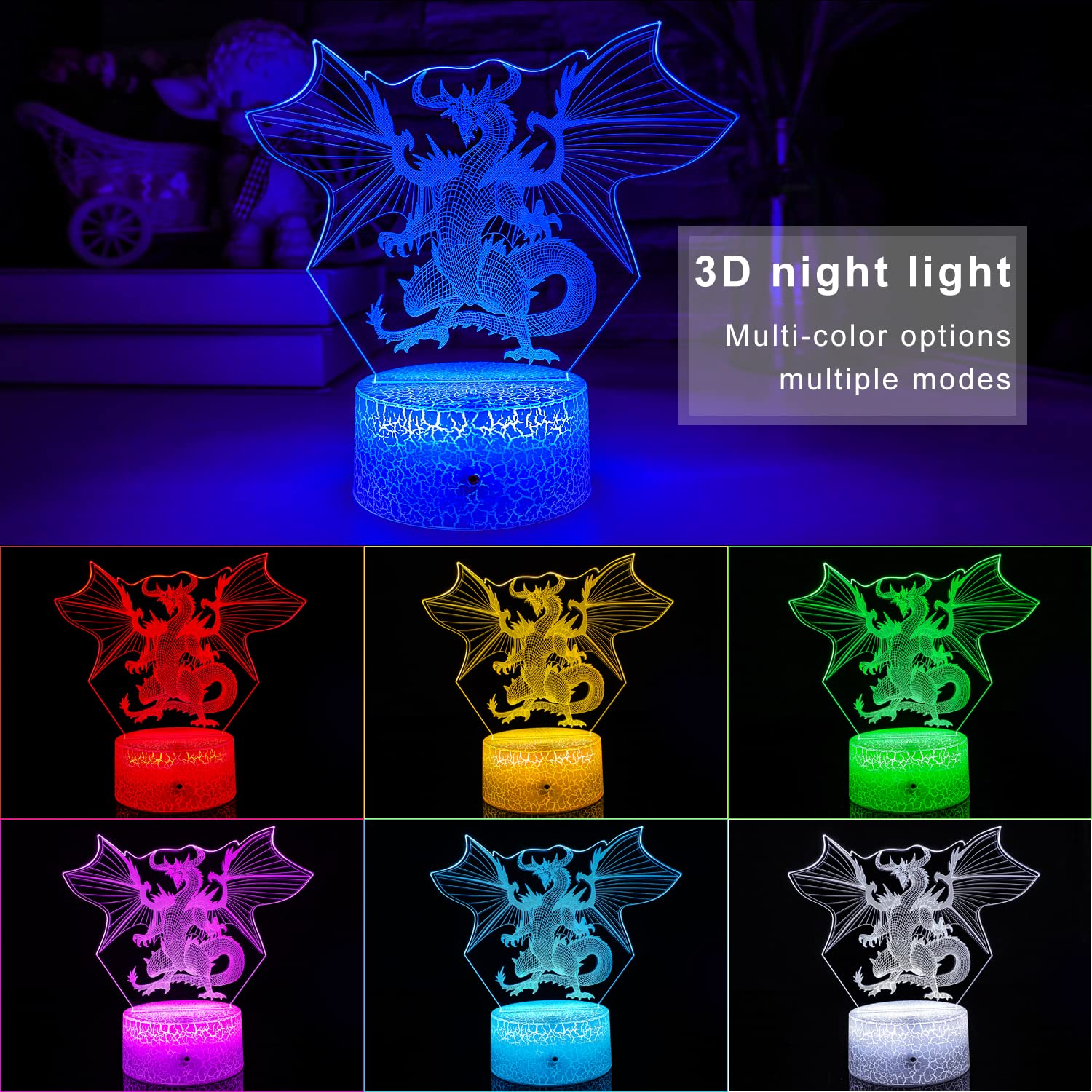 Dragon Lamp 3D Dragons Night Light for Kids with Remote & Smart Touch 7 Colors + 16 Colors Changing Dimmable Dragon Toys for 3 4 5 6 7 8 Year Old Boys Christmas Birthday Gifts (Remote Control)