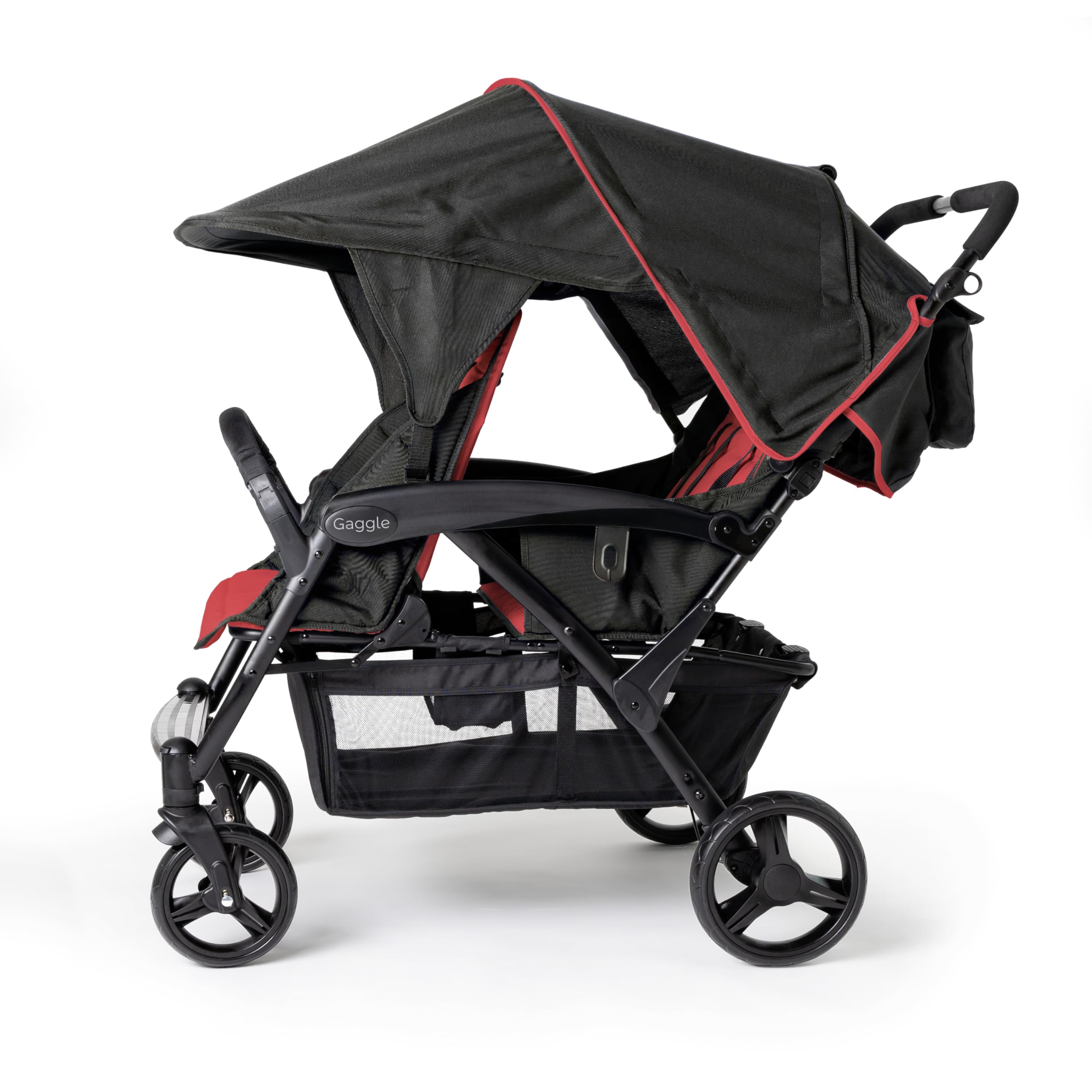 Gaggle by Foundations Odyssey 4 Seat Quad Stroller with Stroller Canopy and Bench Seats, 5 Point Harness, Foot Brake, Shock Absorbing All Terrain Tubeless Wheels (Red/Black)