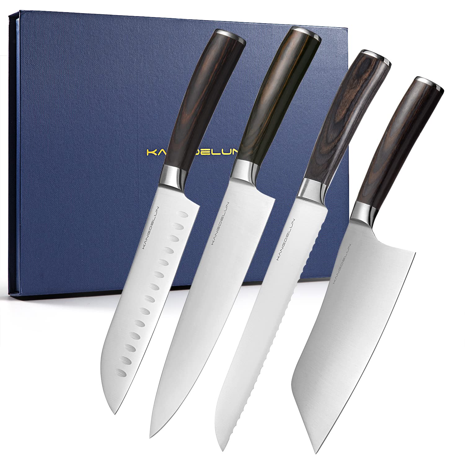 kangdelun Pro Kitchen Knives, 4 Pcs Ultra Sharp Quality Chef Knives, Premium German Steel 4116, Gift Box