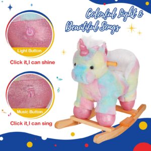 Glow Guards Rainbow Unicorn Rocking Horse with Chair Muical Light up Unicorn Stuffed Animal for Ages 1-3 Toddlers Kids Babies Ride Toy Birthday Christmas