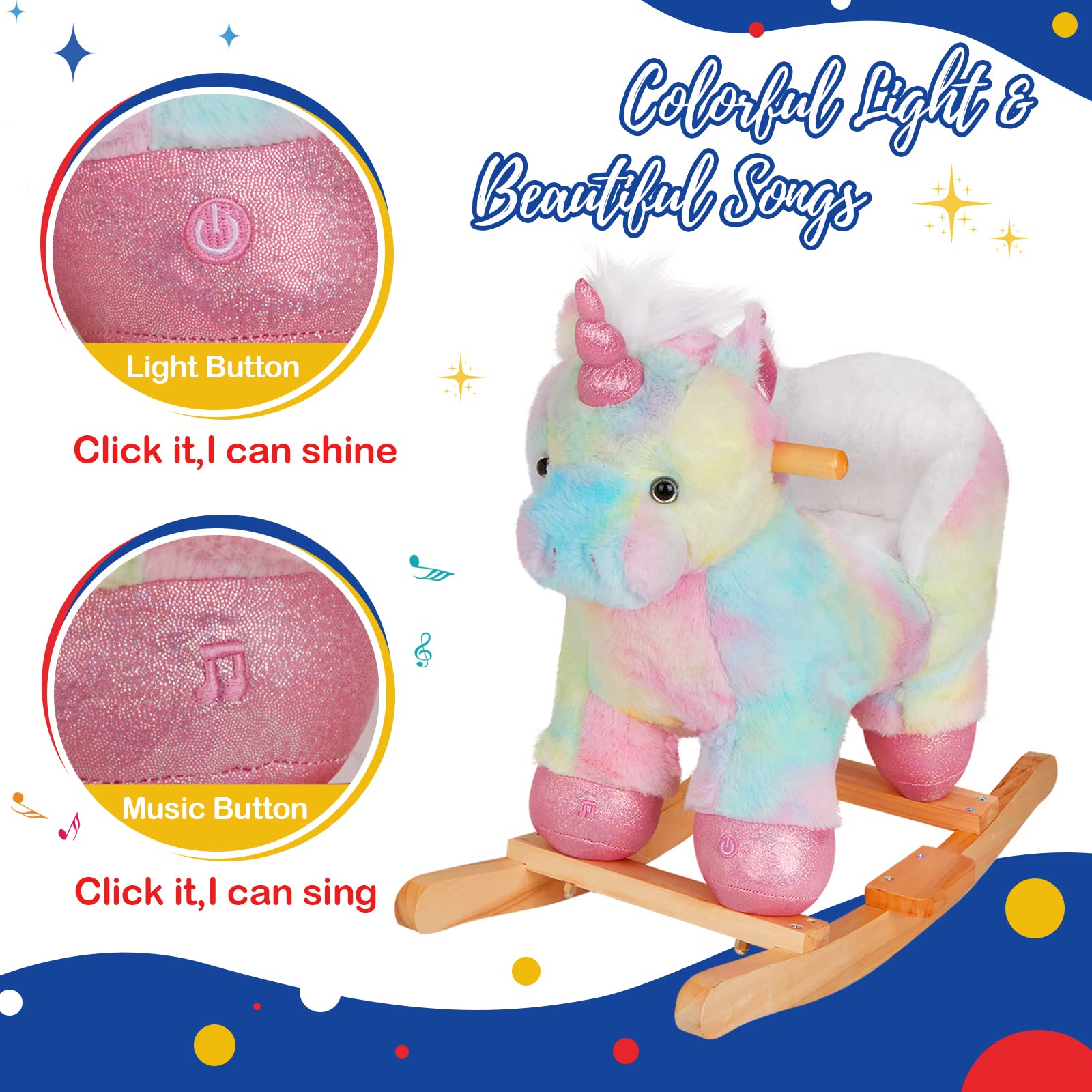 Glow Guards Rainbow Unicorn Rocking Horse with Chair Muical Light up Unicorn Stuffed Animal for Ages 1-3 Toddlers Kids Babies Ride Toy Birthday Christmas