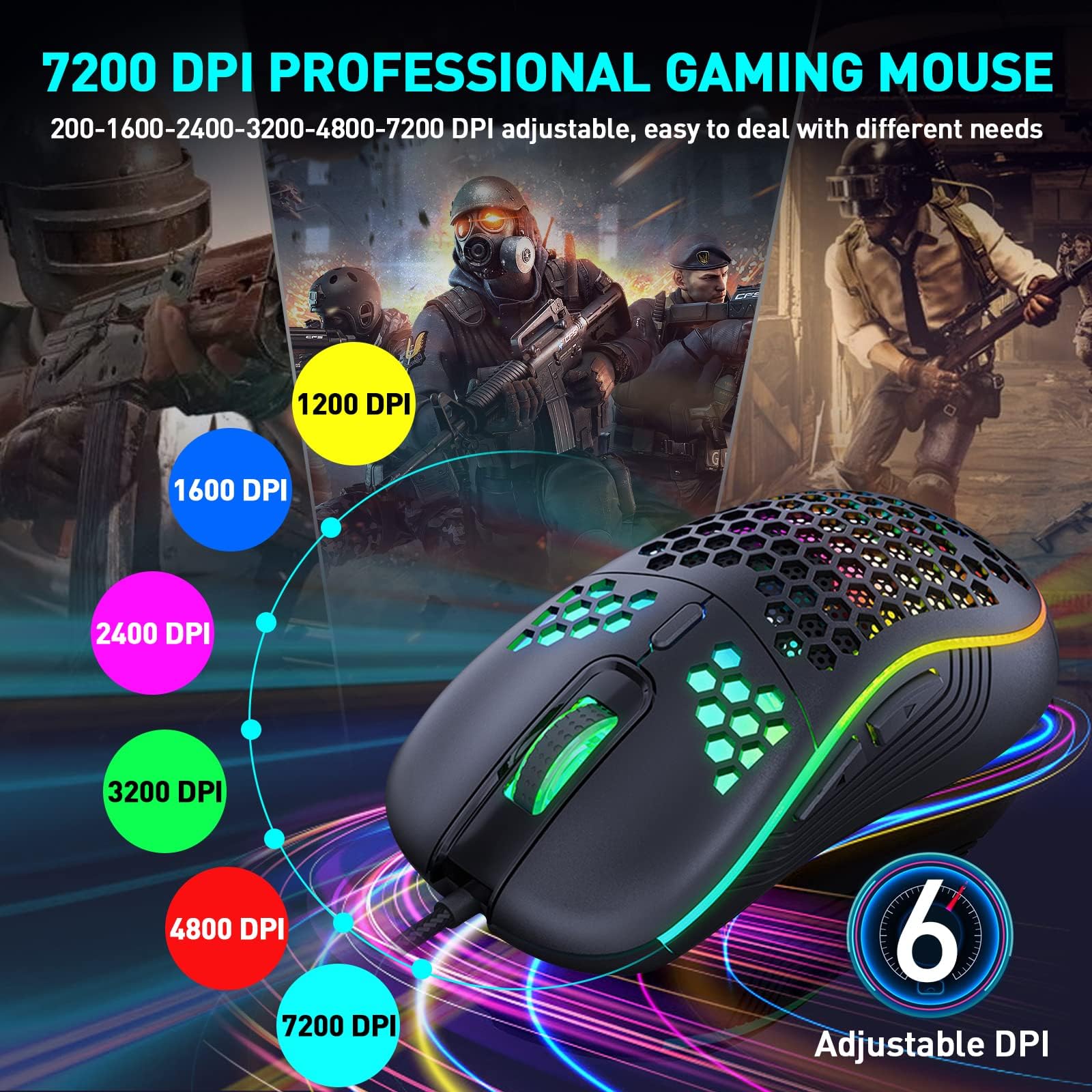 VEGCOO Honeycomb Wired Gaming Mouse, Ergonomic and Lightweight Computer Mouse with 6 Level DPI, Colorful Led Lights, 6 Programmable Buttons Gaming Wired Mice for Windows PC & Laptop Gamers (C32 Black)