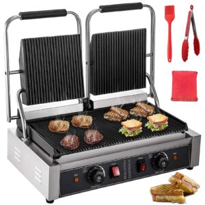 commercial sandwich panini press,110v 2x1800w double commercial panini presser non-stick full grooved plates 122°f-572°f temp control for hamburgers steaks bacons,22.8" x 14.4"