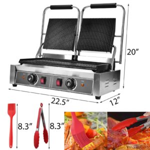 Commercial Sandwich Panini Press,110V 2X1800W Double Commercial Panini Presser Non-Stick Full Grooved Plates 122°F-572°F Temp Control for Hamburgers Steaks Bacons,22.8" x 14.4"